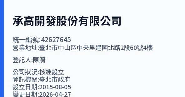 承高開發股份有限公司的照片-統編 42627645(臺北市) 公司登記資料與營業項目詳細圖表