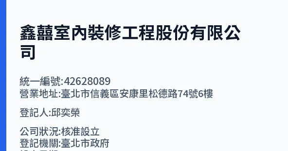 鑫囍室內裝修工程股份有限公司的照片-統編 42628089(臺北市) 公司登記資料與營業項目詳細圖表