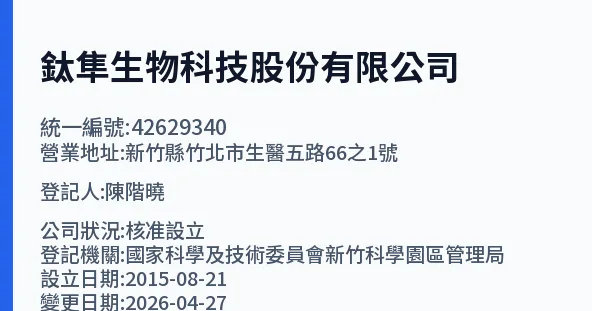 鈦隼生物科技股份有限公司的照片-統編 42629340(新竹縣) 公司登記資料與營業項目詳細圖表