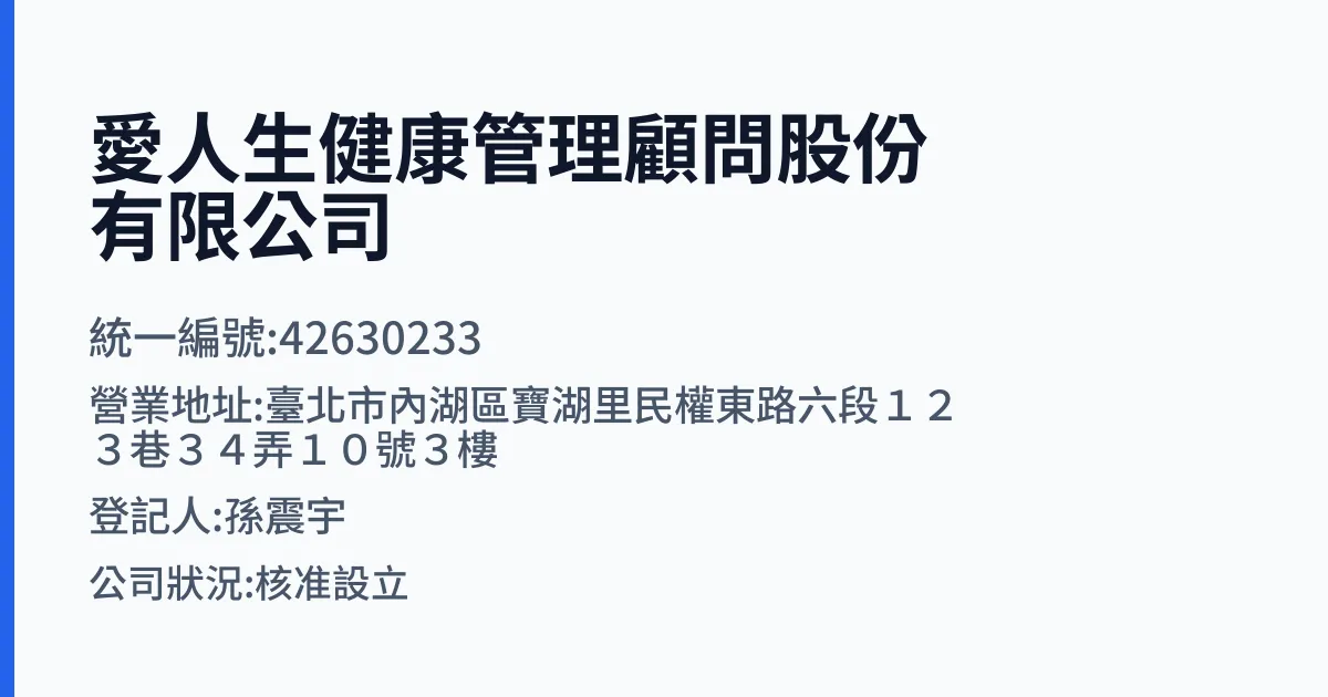 愛人生健康管理顧問股份有限公司 - 統編 42630233(臺北市) 公司登記資料與營業項目詳細圖表