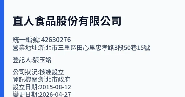 直人食品股份有限公司的照片-統編 42630276(新北市) 公司登記資料與營業項目詳細圖表