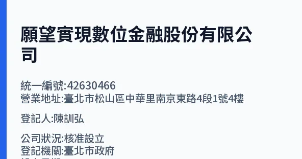 願望實現數位金融股份有限公司的照片-統編 42630466(臺北市) 公司登記資料與營業項目詳細圖表