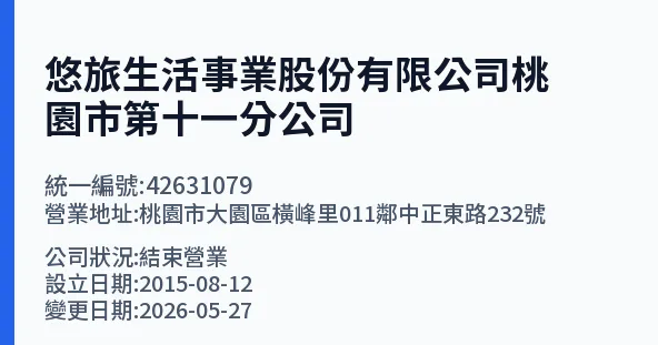 悠旅生活事業股份有限公司桃園市第十一分公司的照片-統編 42631079(桃園市) 公司登記資料與營業項目詳細圖表