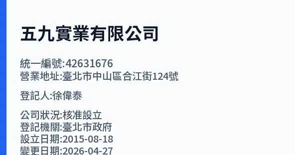 五九實業有限公司的照片-統編 42631676(臺北市) 公司登記資料與營業項目詳細圖表