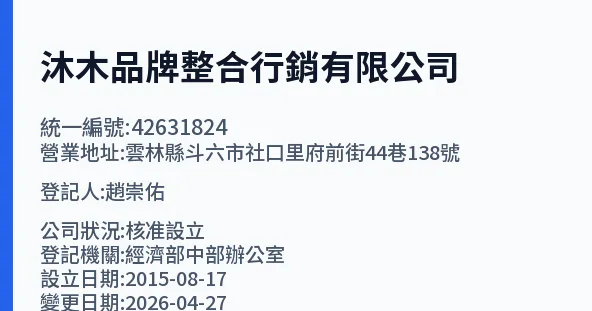 沐木品牌整合行銷有限公司的照片-統編 42631824(雲林縣) 公司登記資料與營業項目詳細圖表