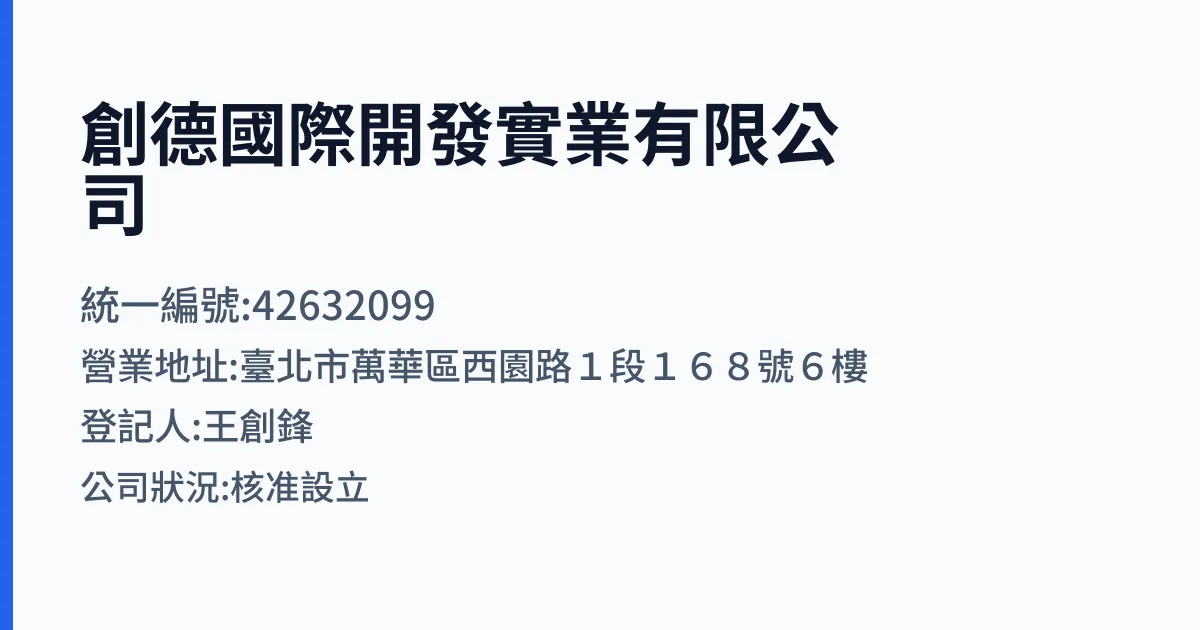 創德國際開發實業有限公司 - 統編 42632099(臺北市) 公司登記資料與營業項目詳細圖表