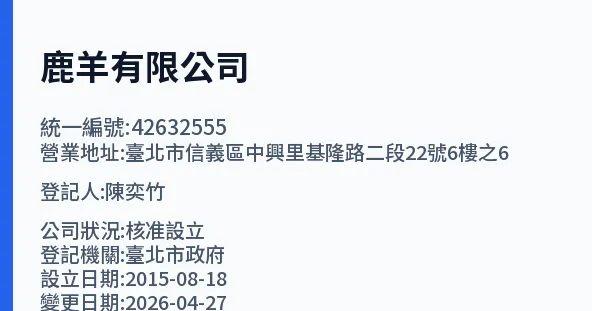 鹿羊有限公司的照片-統編 42632555(臺北市) 公司登記資料與營業項目詳細圖表