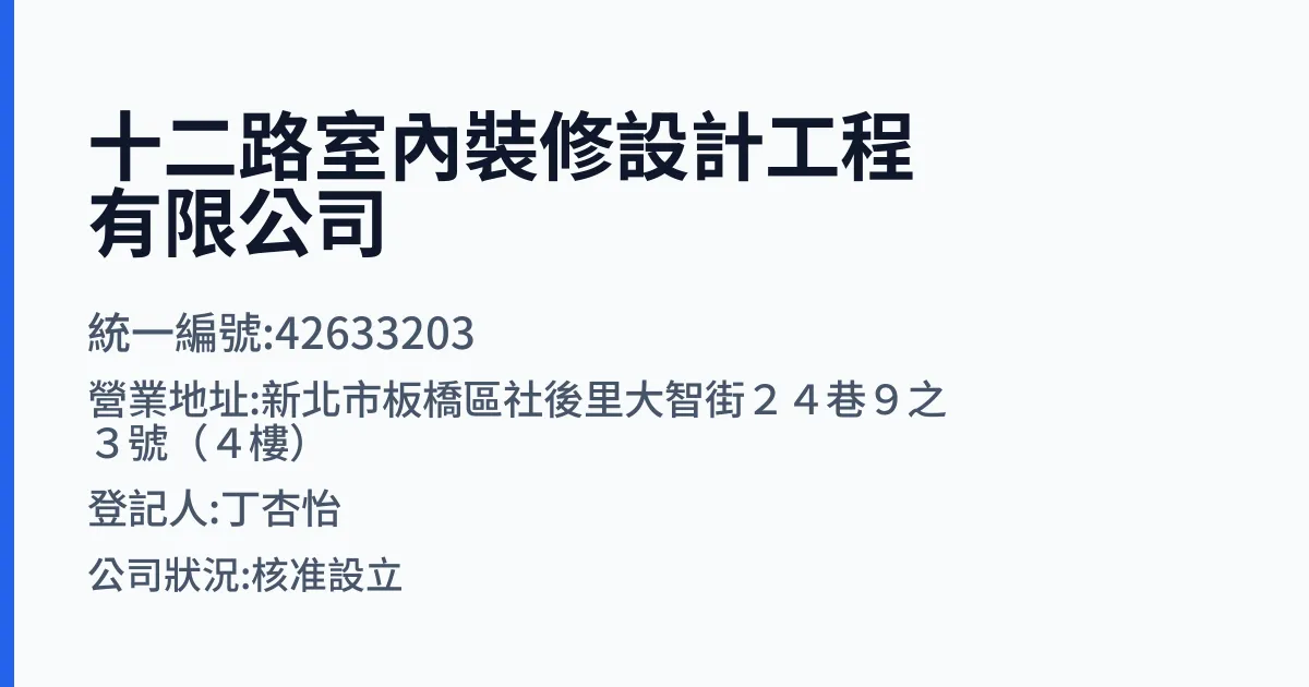 十二路室內裝修設計工程有限公司 - 統編 42633203(新北市) 公司登記資料與營業項目詳細圖表