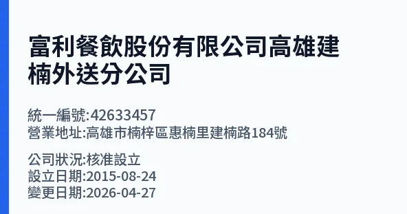 富利餐飲股份有限公司高雄建楠外送分公司的照片-統編 42633457(高雄市) 公司登記資料與營業項目詳細圖表