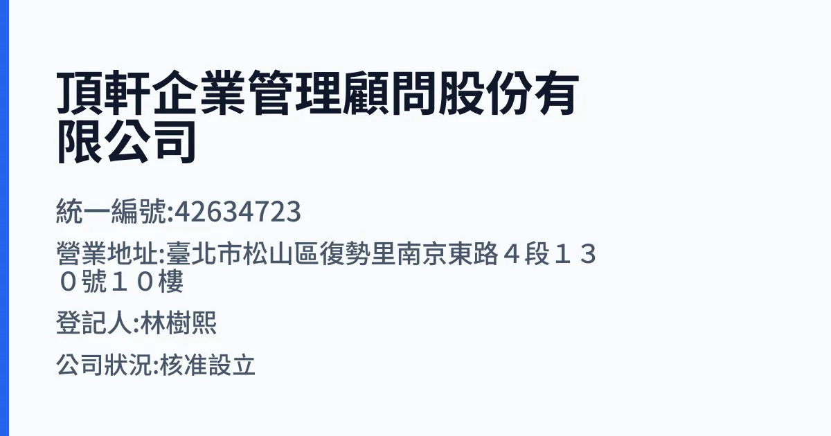 頂軒企業管理顧問股份有限公司 - 統編 42634723(臺北市) 公司登記資料與營業項目詳細圖表