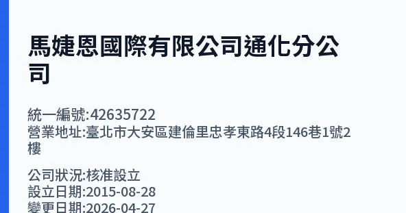 馬婕恩國際有限公司通化分公司的照片-統編 42635722(臺北市) 公司登記資料與營業項目詳細圖表