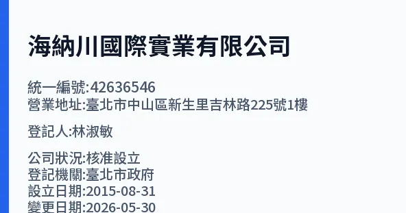 海納川國際實業有限公司的照片-統編 42636546(臺北市) 公司登記資料與營業項目詳細圖表