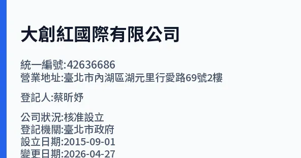大創紅國際有限公司的照片-統編 42636686(臺北市) 公司登記資料與營業項目詳細圖表