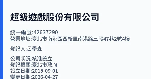 超級遊戲股份有限公司的照片-統編 42637290(臺北市) 公司登記資料與營業項目詳細圖表