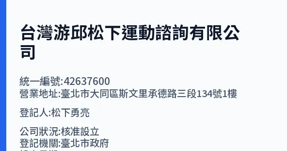 台灣游邱松下運動諮詢有限公司的照片-統編 42637600(臺北市) 公司登記資料與營業項目詳細圖表