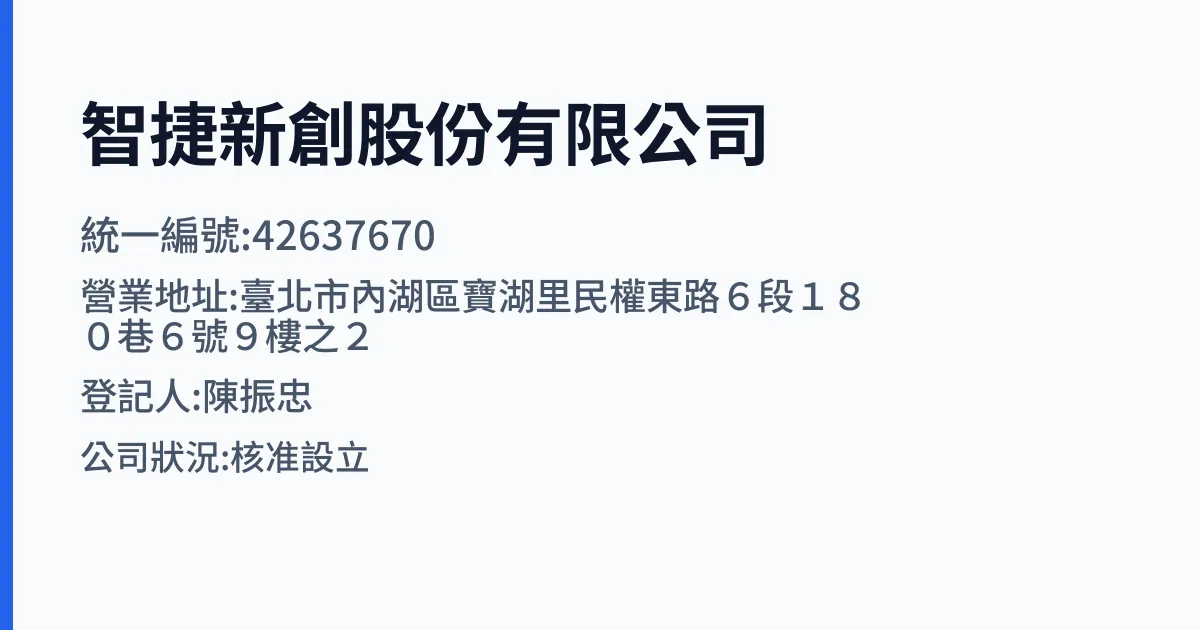 智捷新創股份有限公司 - 統編 42637670(臺北市) 公司登記資料與營業項目詳細圖表