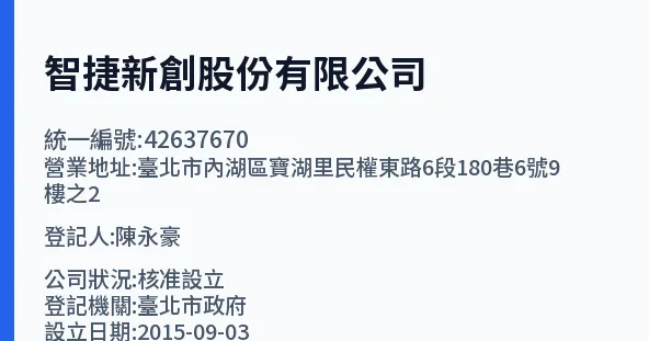 智捷新創股份有限公司的照片-統編 42637670(臺北市) 公司登記資料與營業項目詳細圖表