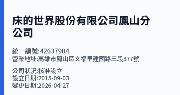 床的世界股份有限公司鳳山分公司的照片-統編 42637904(高雄市) 公司登記資料與營業項目詳細圖表