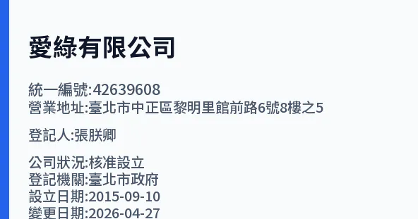 愛綠有限公司的照片-統編 42639608(臺北市) 公司登記資料與營業項目詳細圖表