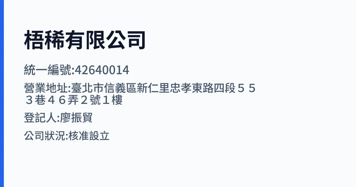 梧稀有限公司 - 統編 42640014(臺北市) 公司登記資料與營業項目詳細圖表