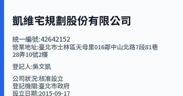 凱維宅規劃股份有限公司的照片-統編 42642152(臺北市) 公司登記資料與營業項目詳細圖表