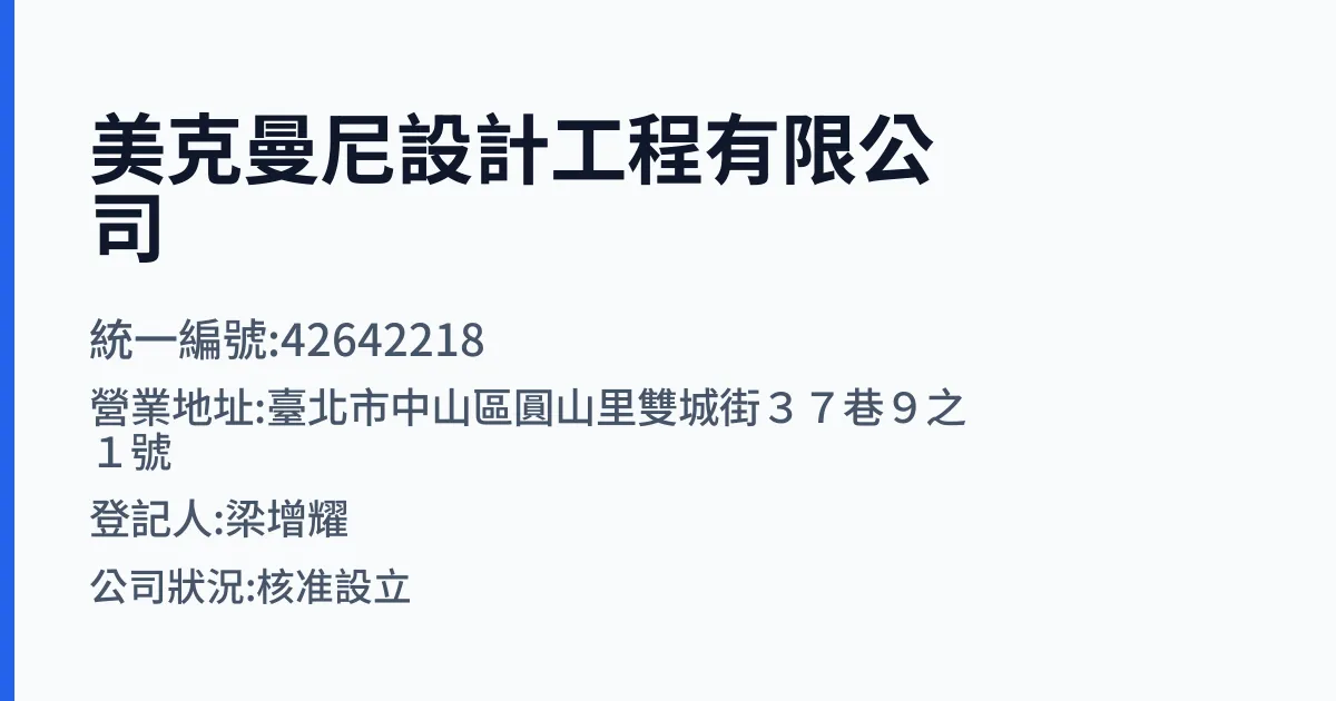 美克曼尼設計工程有限公司 - 統編 42642218(臺北市) 公司登記資料與營業項目詳細圖表