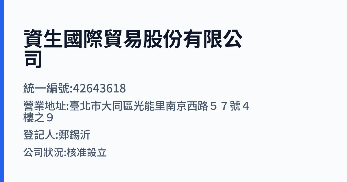 資生國際貿易股份有限公司 - 統編 42643618(臺北市) 公司登記資料與營業項目詳細圖表