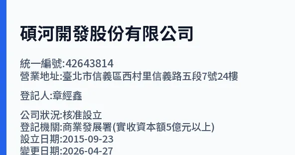 碩河開發股份有限公司的照片-統編 42643814(臺北市) 公司登記資料與營業項目詳細圖表