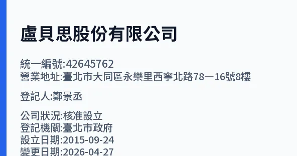 盧貝思股份有限公司的照片-統編 42645762(臺北市) 公司登記資料與營業項目詳細圖表