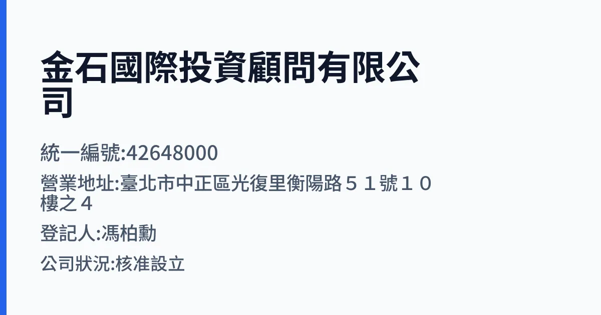 金石國際投資顧問有限公司 - 統編 42648000(臺北市) 公司登記資料與營業項目詳細圖表