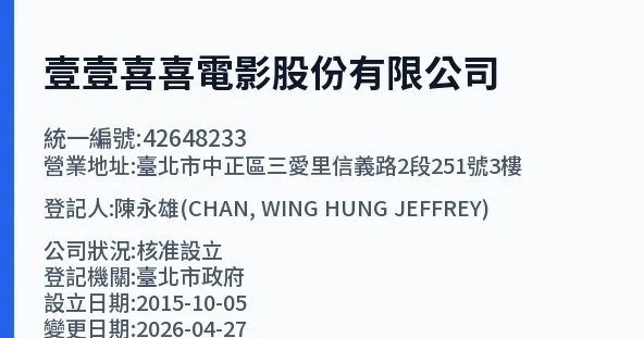 壹壹喜喜電影股份有限公司的照片-統編 42648233(臺北市) 公司登記資料與營業項目詳細圖表
