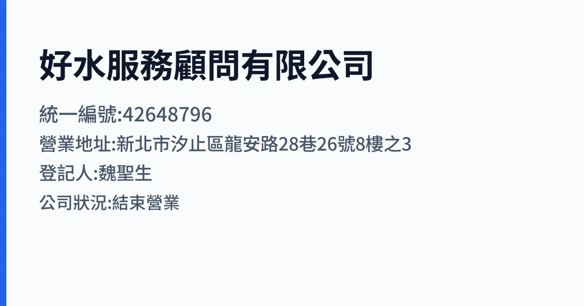 好水服務顧問有限公司 - 統編 42648796(新北市) 公司登記資料與營業項目詳細圖表