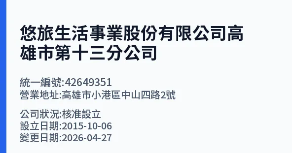 悠旅生活事業股份有限公司高雄市第十三分公司的照片-統編 42649351(高雄市) 公司登記資料與營業項目詳細圖表