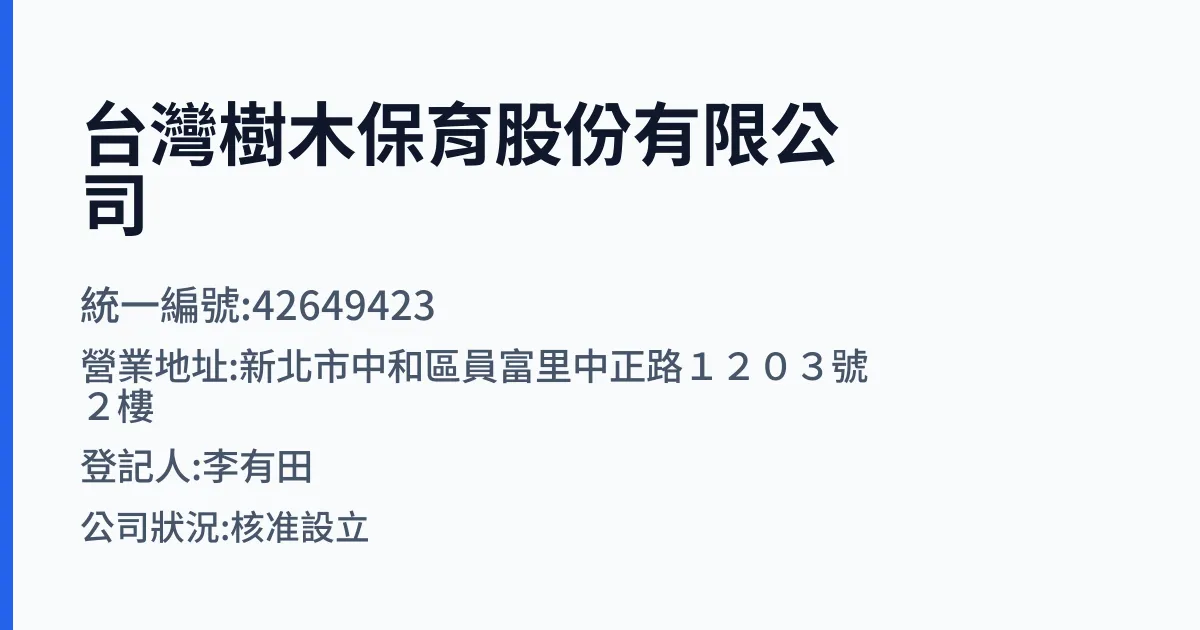 台灣樹木保育股份有限公司 - 統編 42649423(新北市) 公司登記資料與營業項目詳細圖表