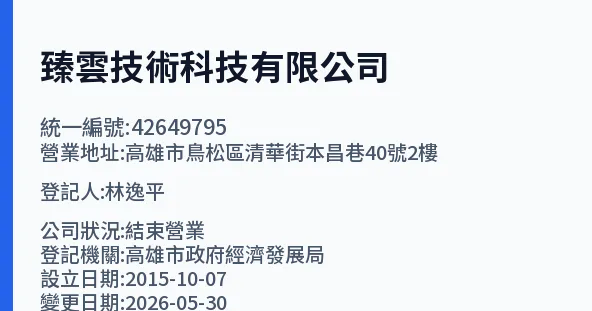 臻雲技術科技有限公司的照片-統編 42649795(高雄市) 公司登記資料與營業項目詳細圖表