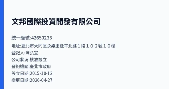 文邦國際投資開發有限公司的照片-統編 42650238(臺北市) 公司登記資料與營業項目詳細圖表