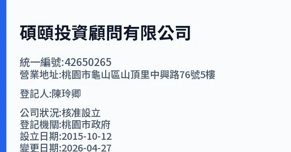碩頤投資顧問有限公司的照片-統編 42650265(桃園市) 公司登記資料與營業項目詳細圖表