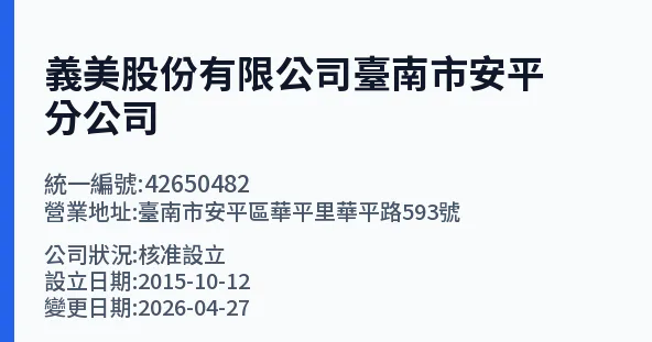 義美股份有限公司臺南市安平分公司的照片-統編 42650482(臺南市) 公司登記資料與營業項目詳細圖表