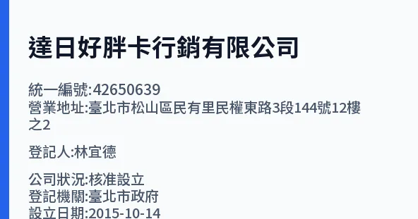 達日好胖卡行銷有限公司的照片-統編 42650639(臺北市) 公司登記資料與營業項目詳細圖表