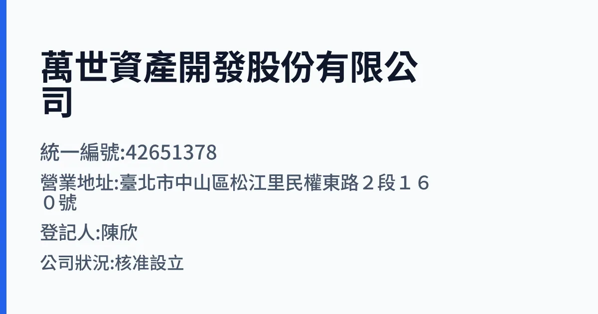 萬世資產開發股份有限公司 - 統編 42651378(臺北市) 公司登記資料與營業項目詳細圖表