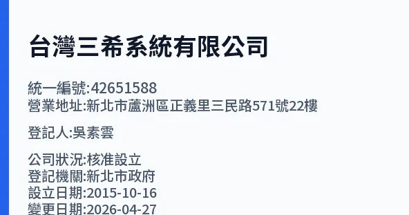 台灣三希系統有限公司的照片-統編 42651588(新北市) 公司登記資料與營業項目詳細圖表