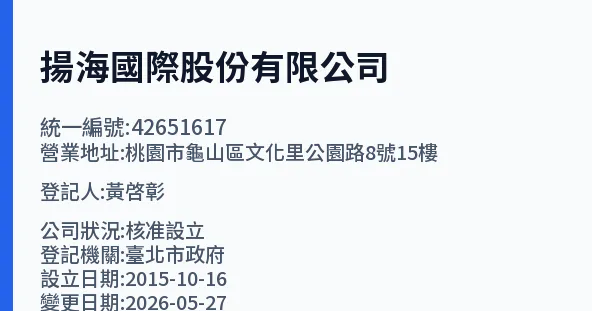 揚海國際股份有限公司的照片-統編 42651617(桃園市) 公司登記資料與營業項目詳細圖表