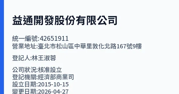 益通開發股份有限公司的照片-統編 42651911(臺北市) 公司登記資料與營業項目詳細圖表