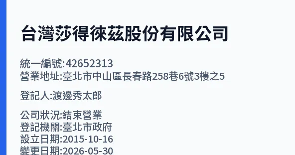 台灣莎得徠茲股份有限公司的照片-統編 42652313(臺北市) 公司登記資料與營業項目詳細圖表