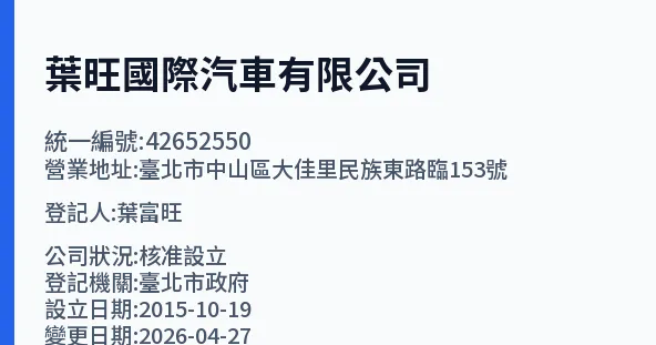 葉旺國際汽車有限公司的照片-統編 42652550(臺北市) 公司登記資料與營業項目詳細圖表