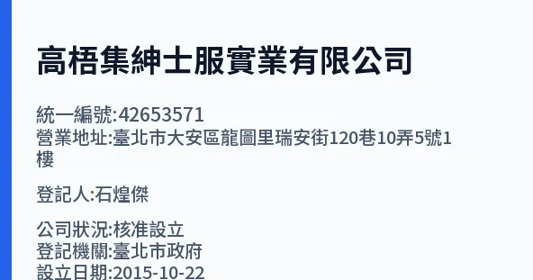高梧集紳士服實業有限公司的照片-統編 42653571(臺北市) 公司登記資料與營業項目詳細圖表