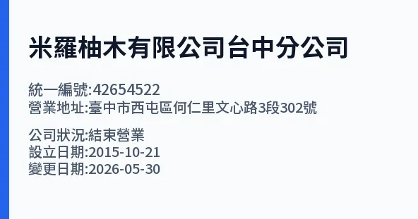 米羅柚木有限公司台中分公司的照片-統編 42654522(臺中市) 公司登記資料與營業項目詳細圖表
