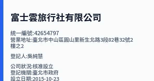 富士雲旅行社有限公司的照片-統編 42654797(臺北市) 公司登記資料與營業項目詳細圖表