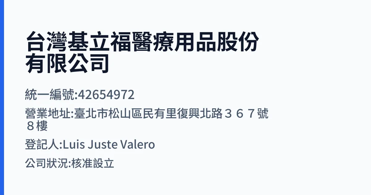 台灣基立福醫療用品股份有限公司 - 統編 42654972(臺北市) 公司登記資料與營業項目詳細圖表