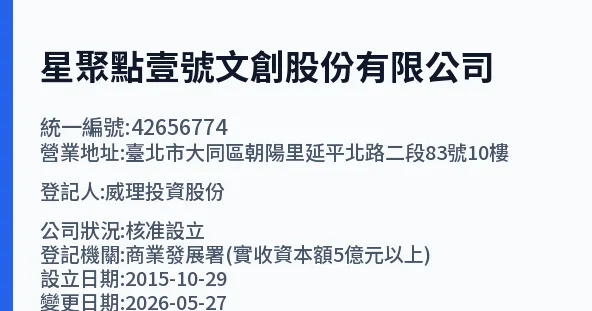 星聚點壹號文創股份有限公司的照片-統編 42656774(臺北市) 公司登記資料與營業項目詳細圖表